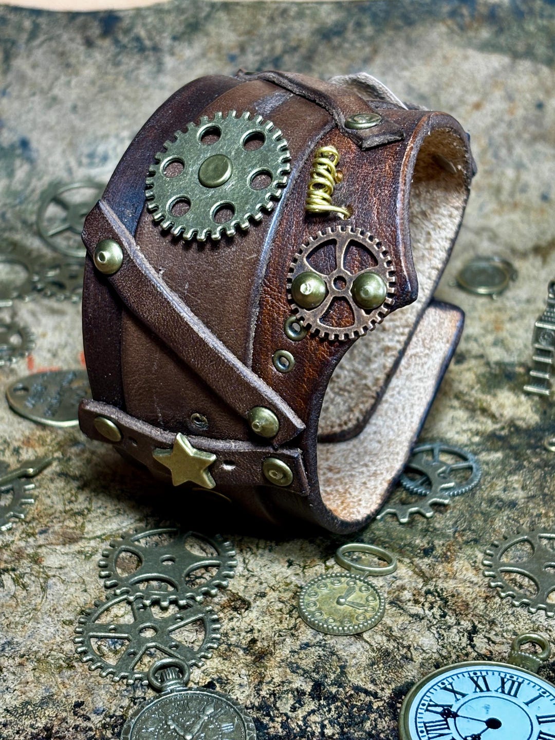 Handmade Steampunk Leather Cuff Bracelet | Brass Gears, Adjustable ...