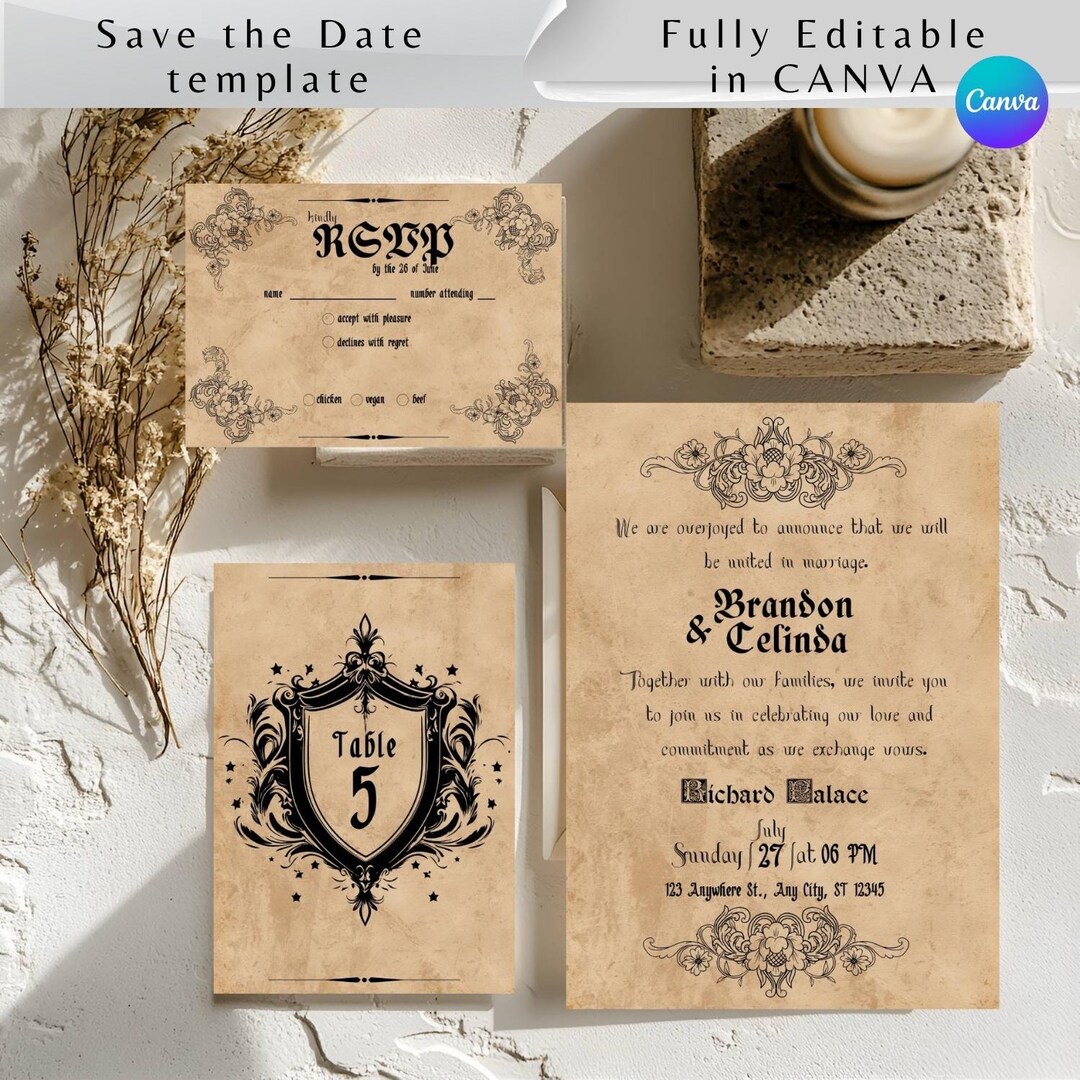 Medieval Wedding Invitation | Vintage Gothic Wedding Set |antique Style ...