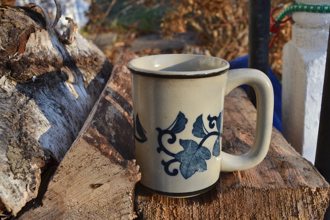 Vintage Blue & Beige Stoneware Coffee Mug. Grape Vine and Leaves. Delph ...