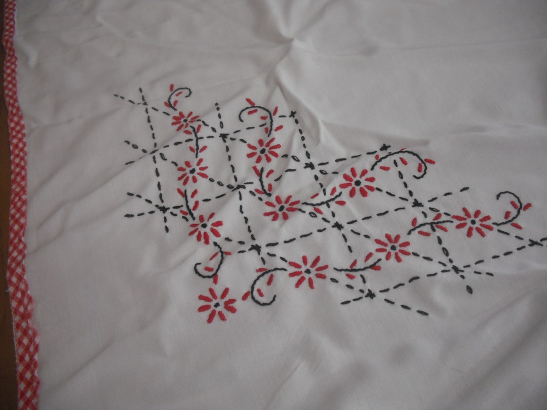 Vintage Hand Embroidered Square Tablecloth..with a Difference..red ...