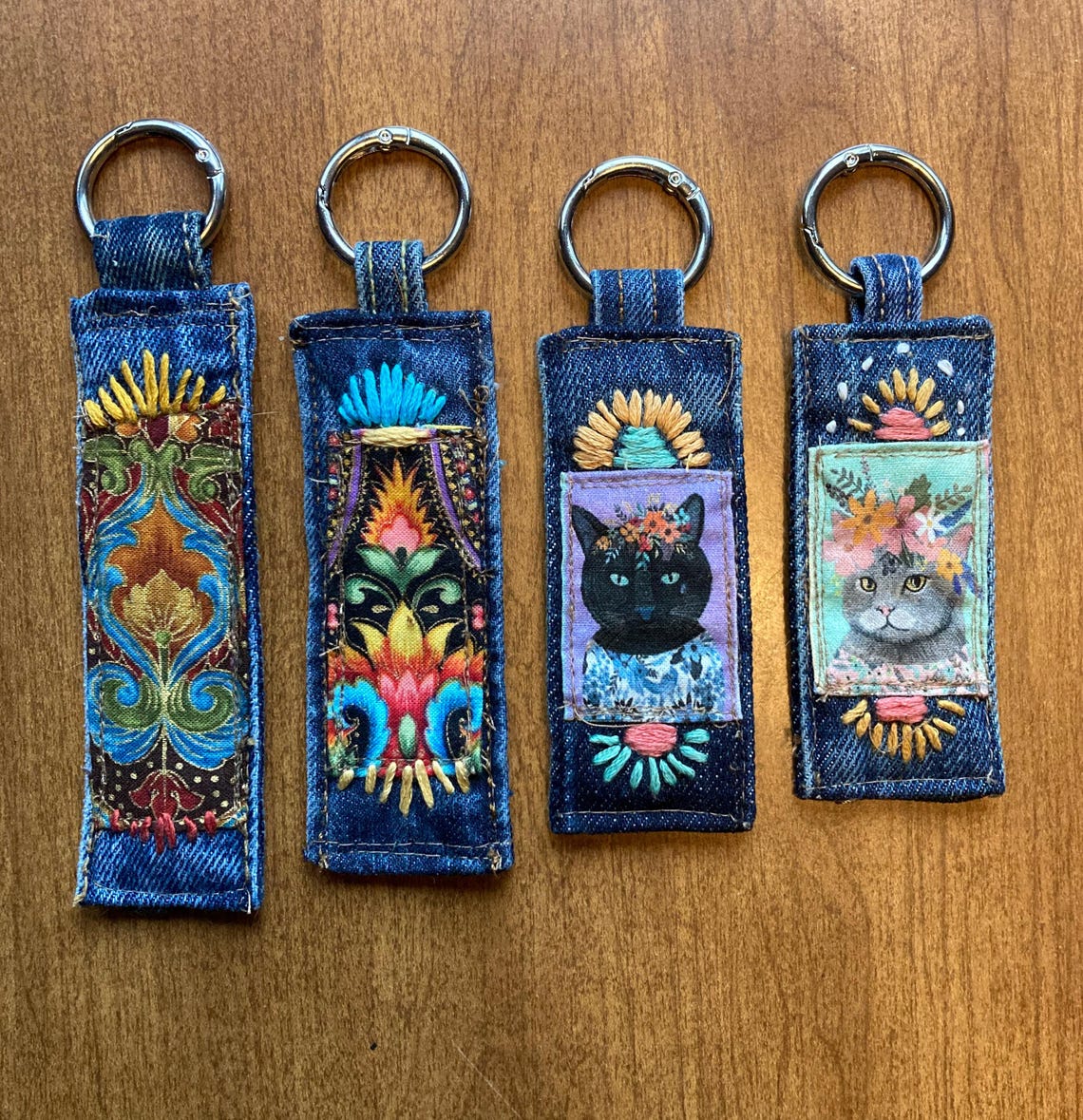 Upcycled Denim Embroidered Key Strap, Black Cat Key Ring - Etsy