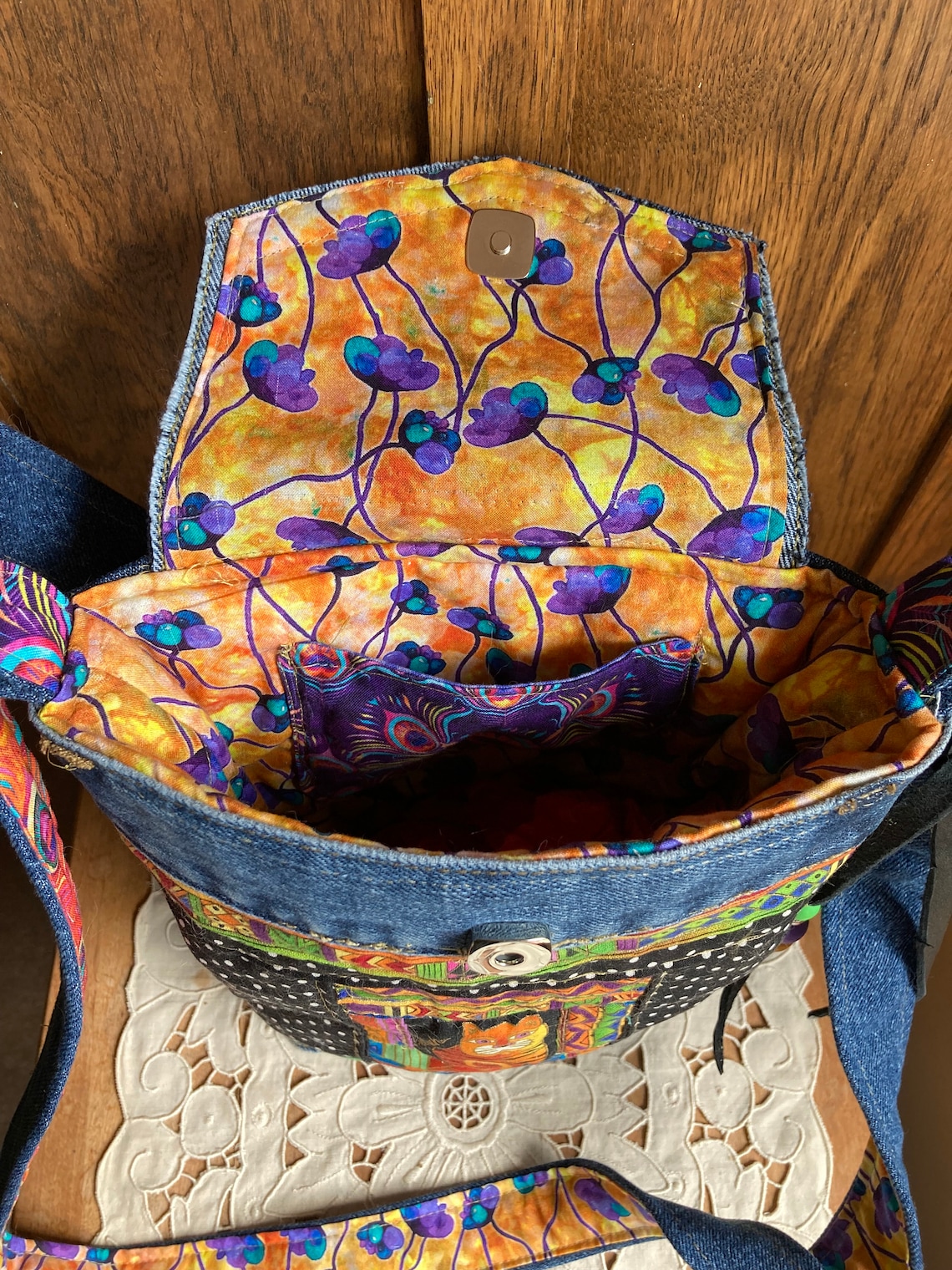 Upcycled Denim Cross Body Handbag, Boho Patchwork Handmade Handbag, Cat ...