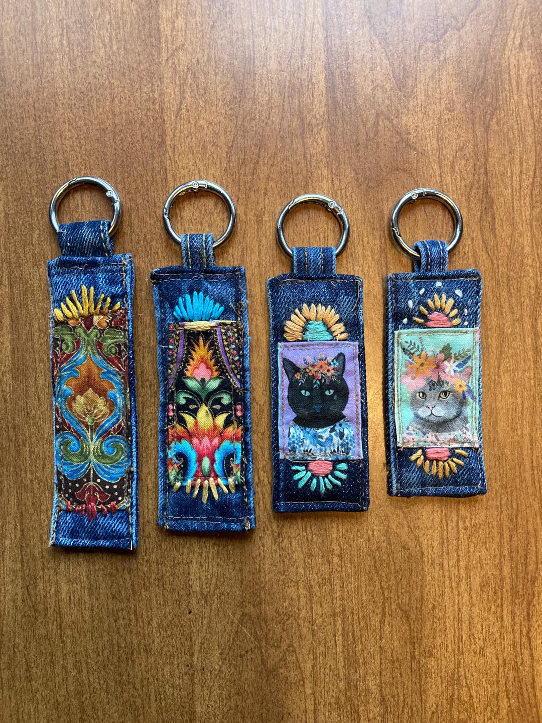 Upcycled Denim Embroidered Key Strap, Black Cat Key Ring - Etsy