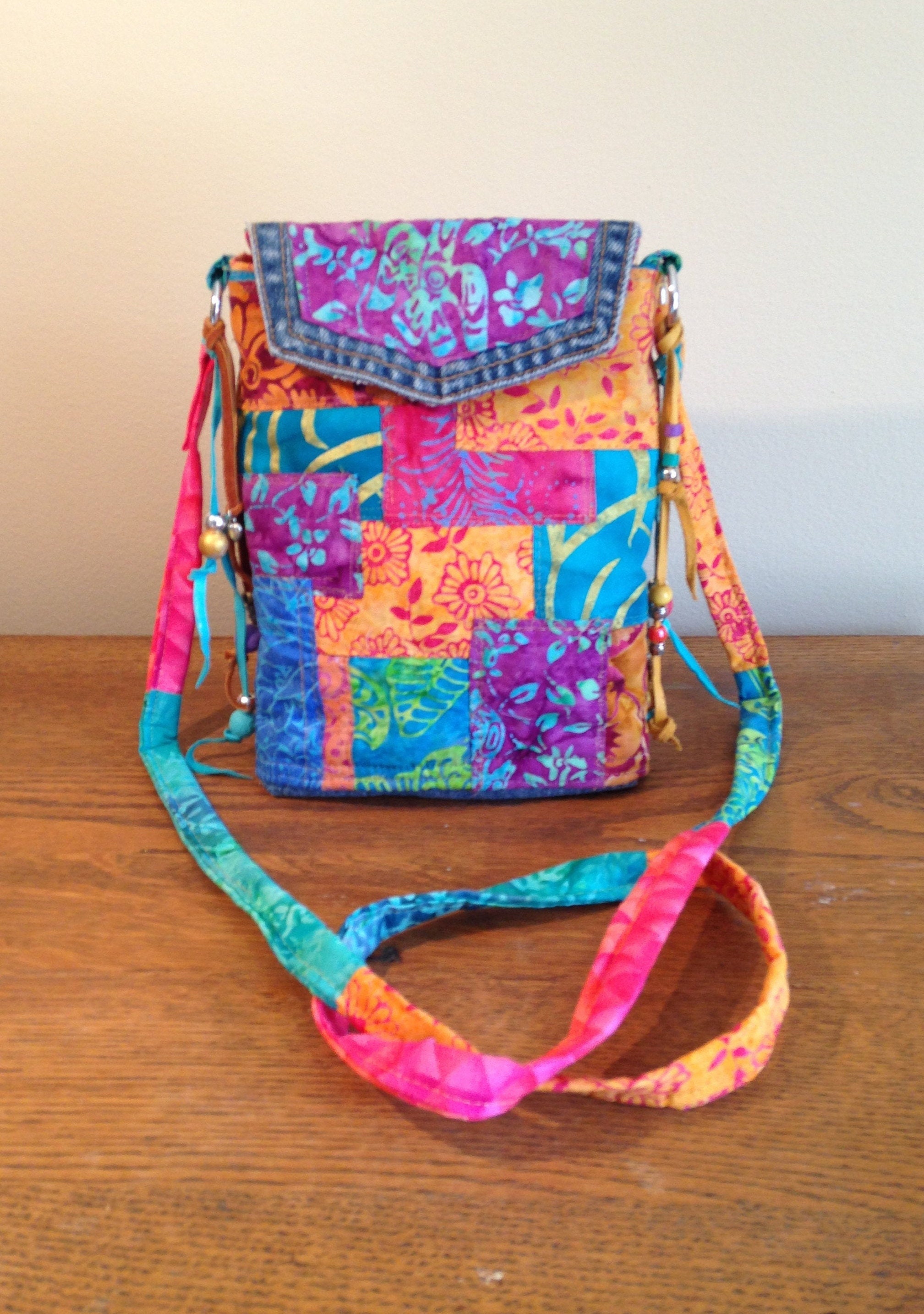 Festival Batik Fabric Crossbody Bag, Patchwork Fabric Handbag, Denim ...