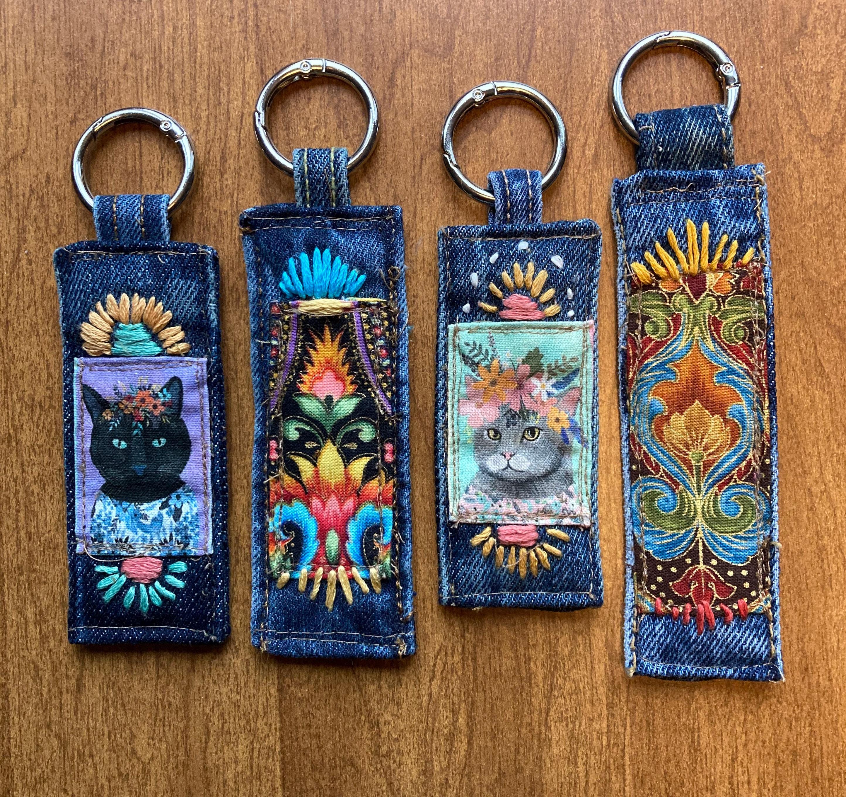 Upcycled Denim Embroidered Key Strap, Black Cat Key Ring - Etsy