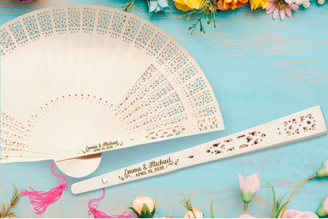 Rustic Hand Fan for Wedding, Engraved Sandalwood, Personalized Wooden ...