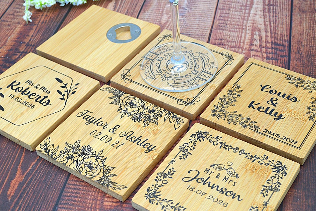 Wedding Favors in Bulk Personalized Bamboo Coaster Favors Rustic ...