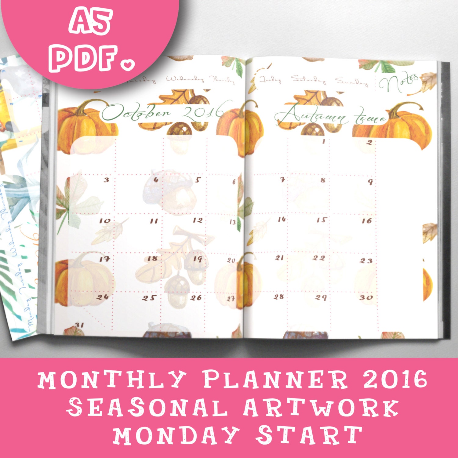 2016 Monthly Planner Printable, Monday Start, Half/full Sheet, 2/1 Page ...