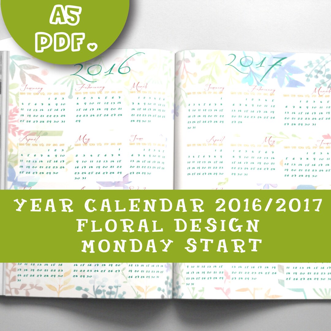 2016-2017 Planner, A5 Year Calendar, Printable PDF, Monday Start, 2016 ...