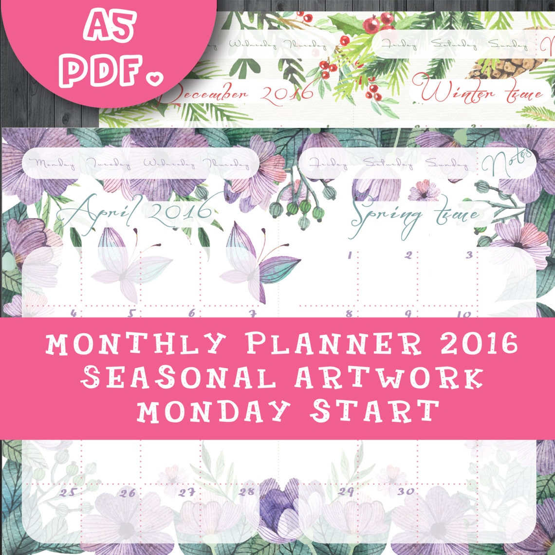 2016 Monthly Planner Printable, Monday Start, Half/full Sheet, 2/1 Page ...