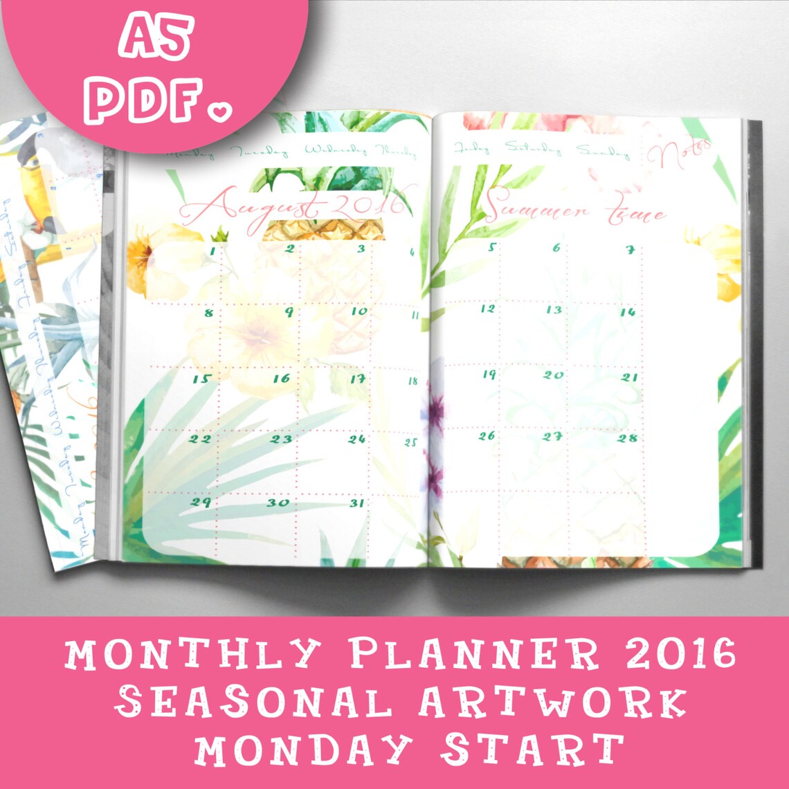 2016 Monthly Planner Printable, Monday Start, Half/full Sheet, 2/1 Page ...
