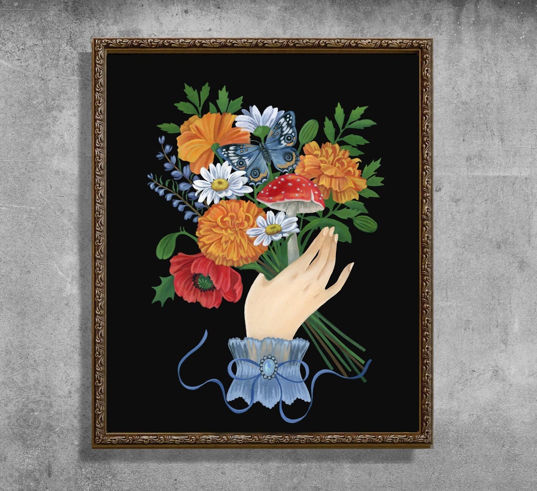 Flowers Woman Hand Print From Original Painting, Unframed Dark Academia ...