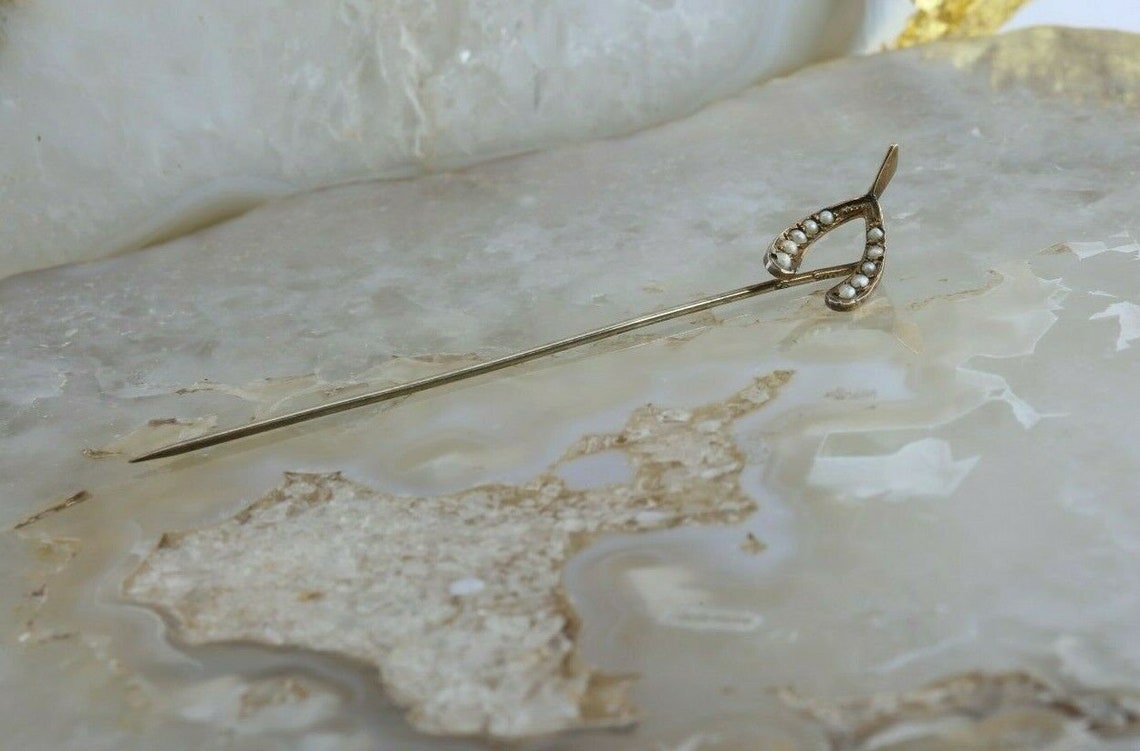Vintage 14K Yellow Gold Pearl Wishbone Stick Pin Circa 1950 - Etsy