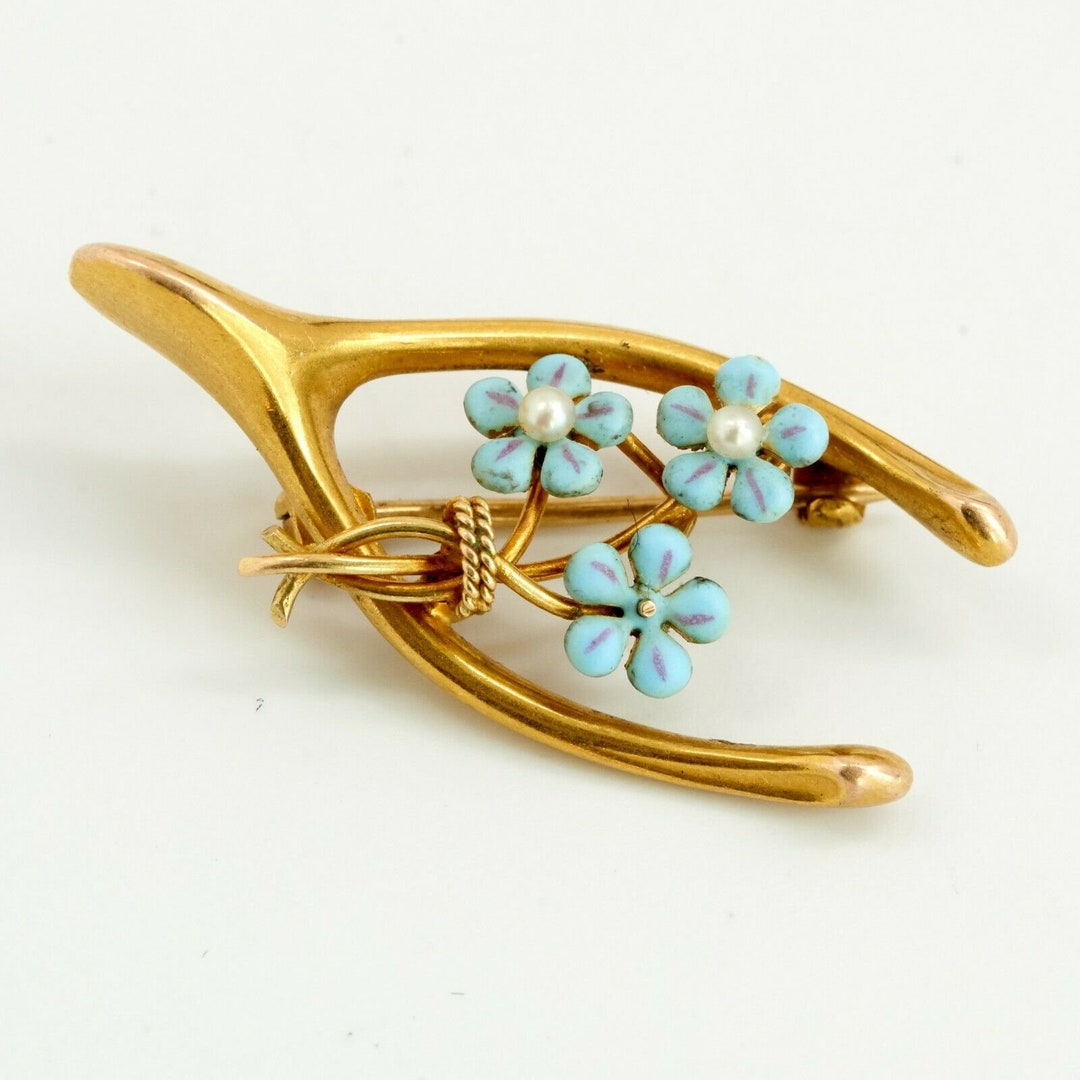 Vintage 14K Yellow Gold Blue Bonnet and Pearl Wishbone Pin Circa 1950 ...