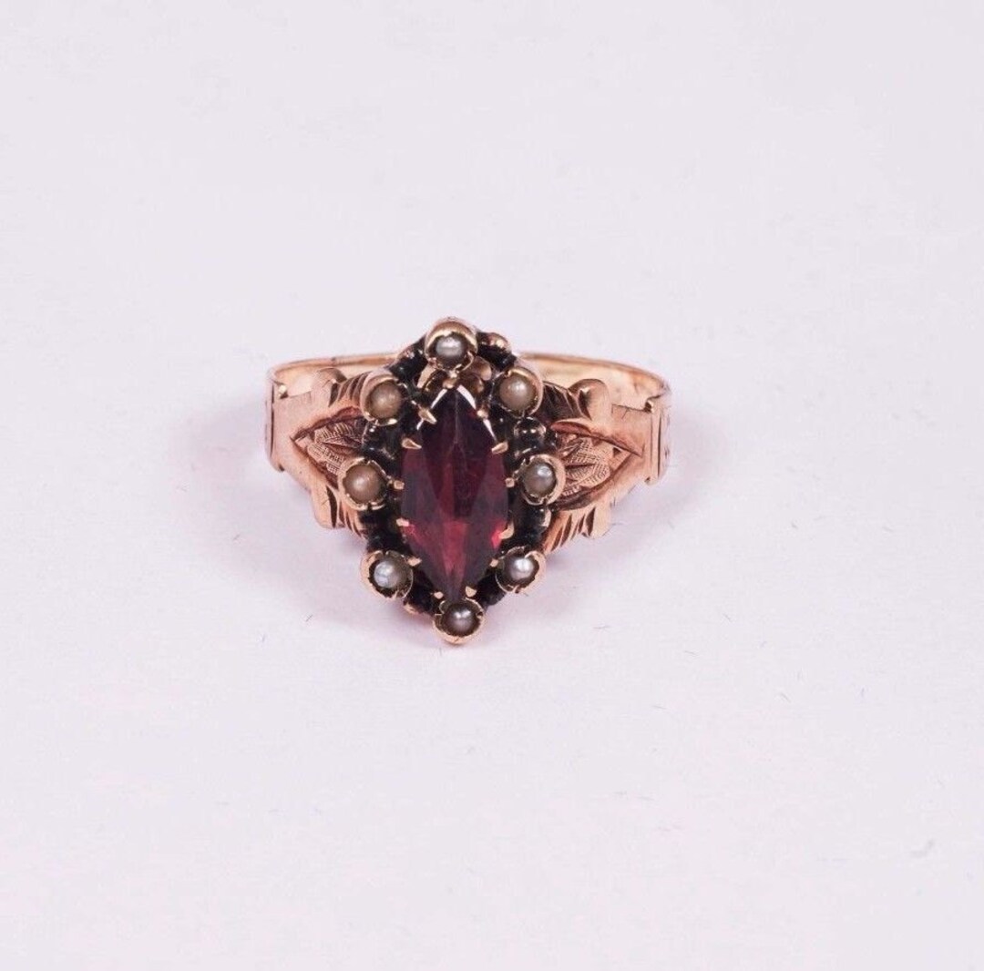 10K Vintage Victorian Period Rose Gold Ring W/red Stone and Seed Pearls ...