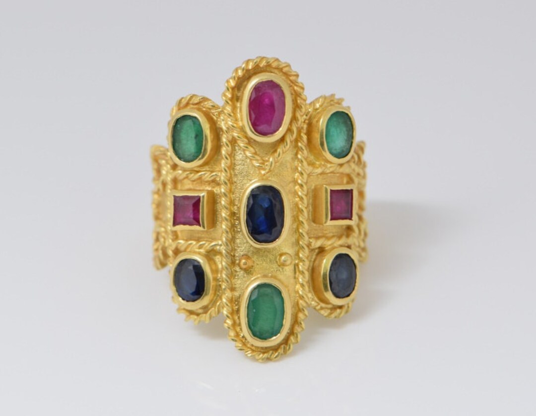 18K Yellow Gold Neo-roman Emerald, Ruby & Sapphire Ring, Size 9 - Etsy