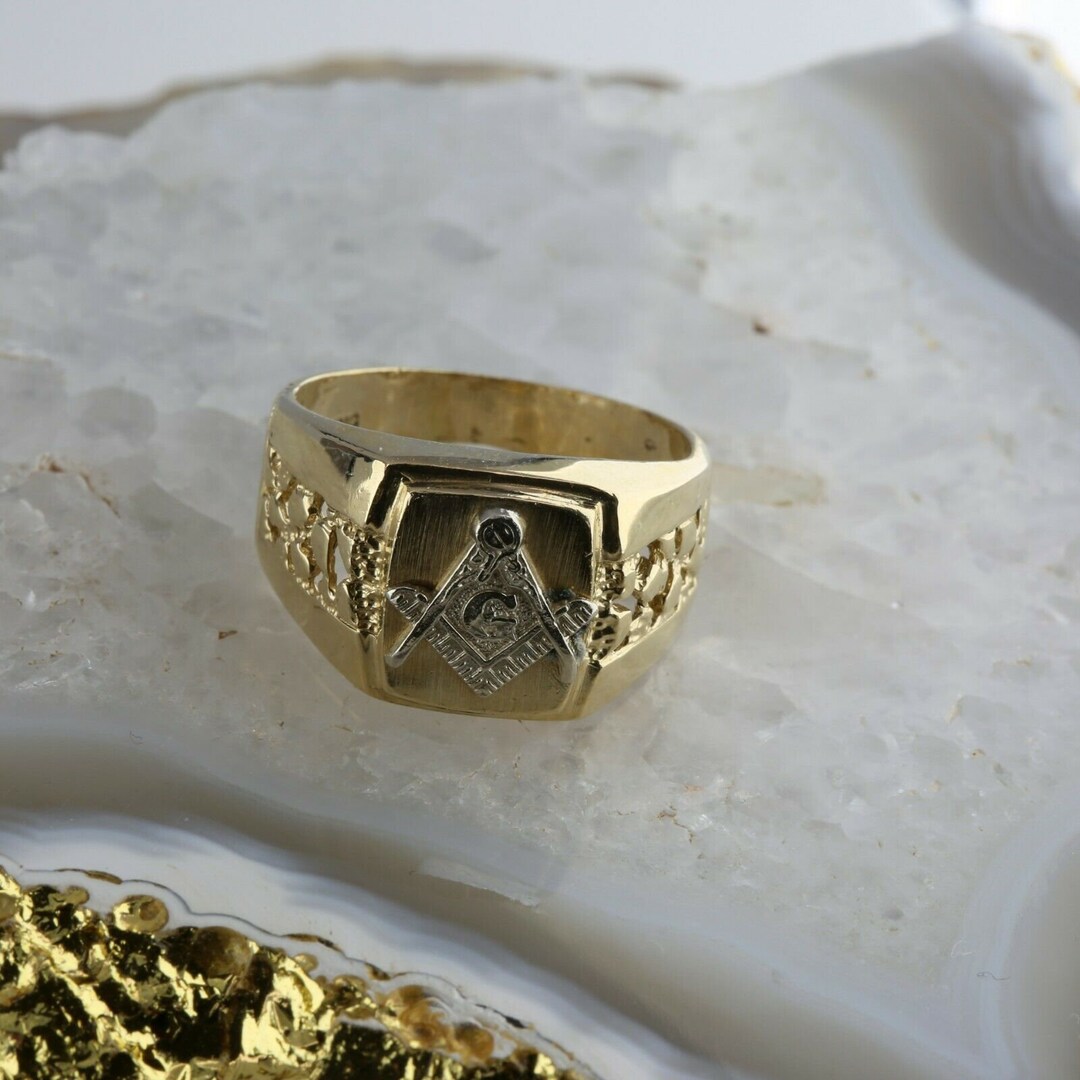 14K White and Yellow Gold Masonic Ring Pierced Nugget Style Size 9 ...