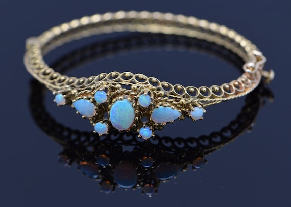 14k Yellow Gold cast filigree opal bangle bracelet, C… - Gem