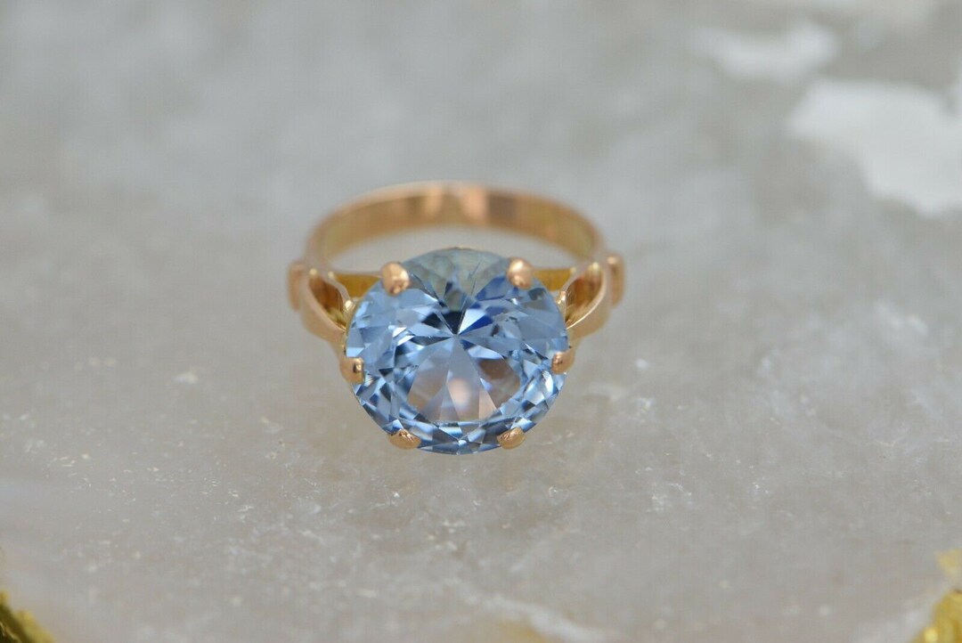 Blue Stone Solitaire Ring 18K RG Prong Set Leaf Design 1980 Size 4 - Etsy