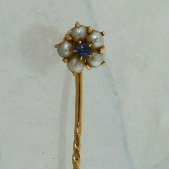 14K Yellow Gold Seed Pearl and Sapphire Stick Pin - Gem
