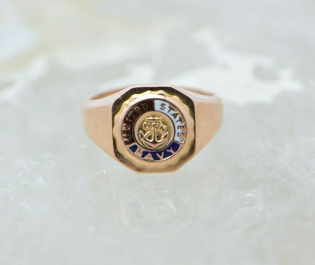 10K Yellow Gold United States Navy Ring With Red White and Blue Enamel ...
