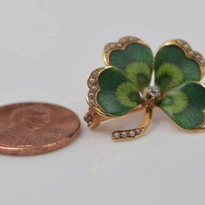 Vintage 10K Yellow Gold Enameled Shamrock Pin With Diamond and Seed ...