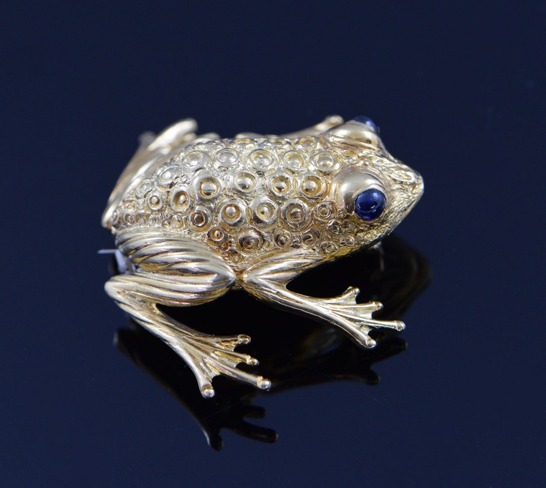 Vintage 18K Yellow Gold Frog Brooch/pin With Sapphire Cabochon - Etsy