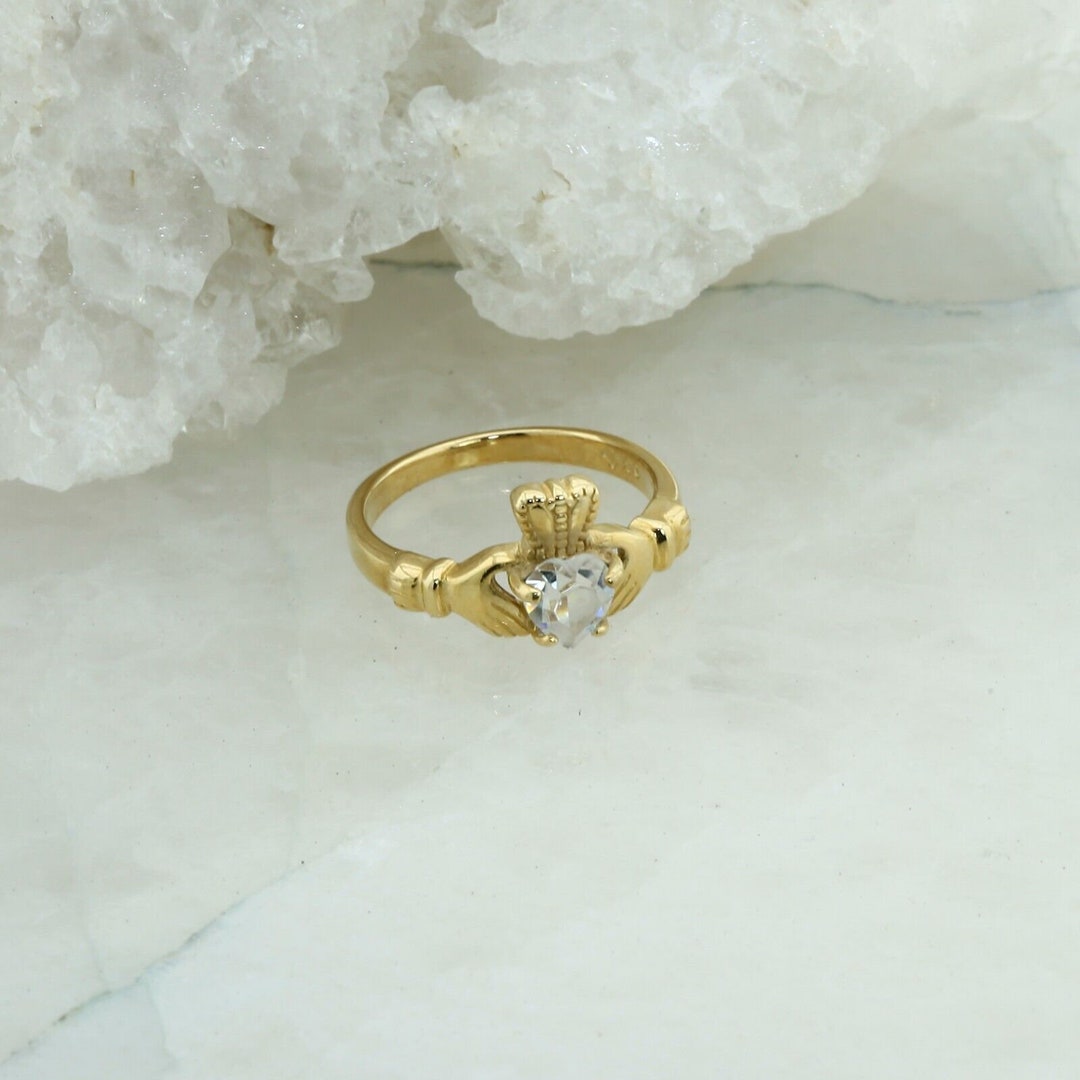 10K Yellow Gold Claddagh Ring With Clear White Stone, Size 5 - Etsy