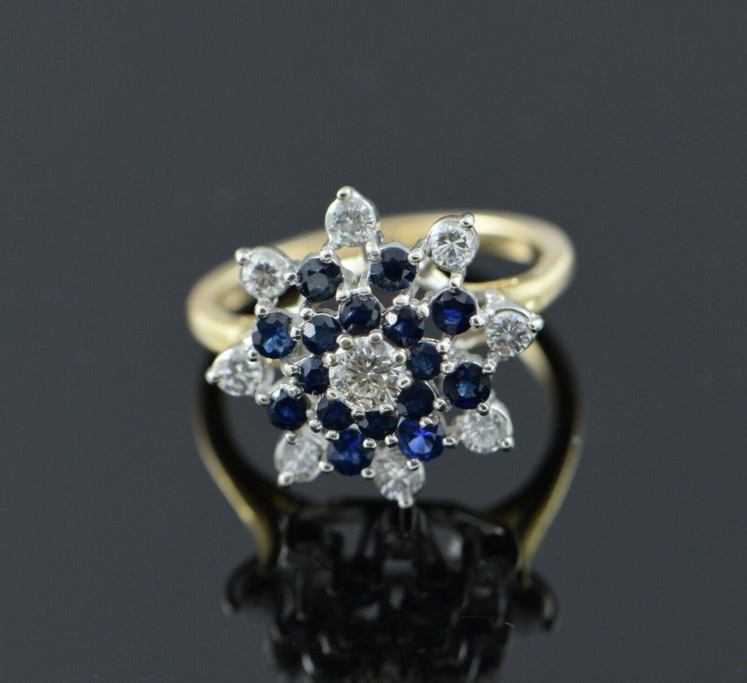 14K Yellow Gold Large Estate Cluster With Sapphires and Diamonds, Size ...