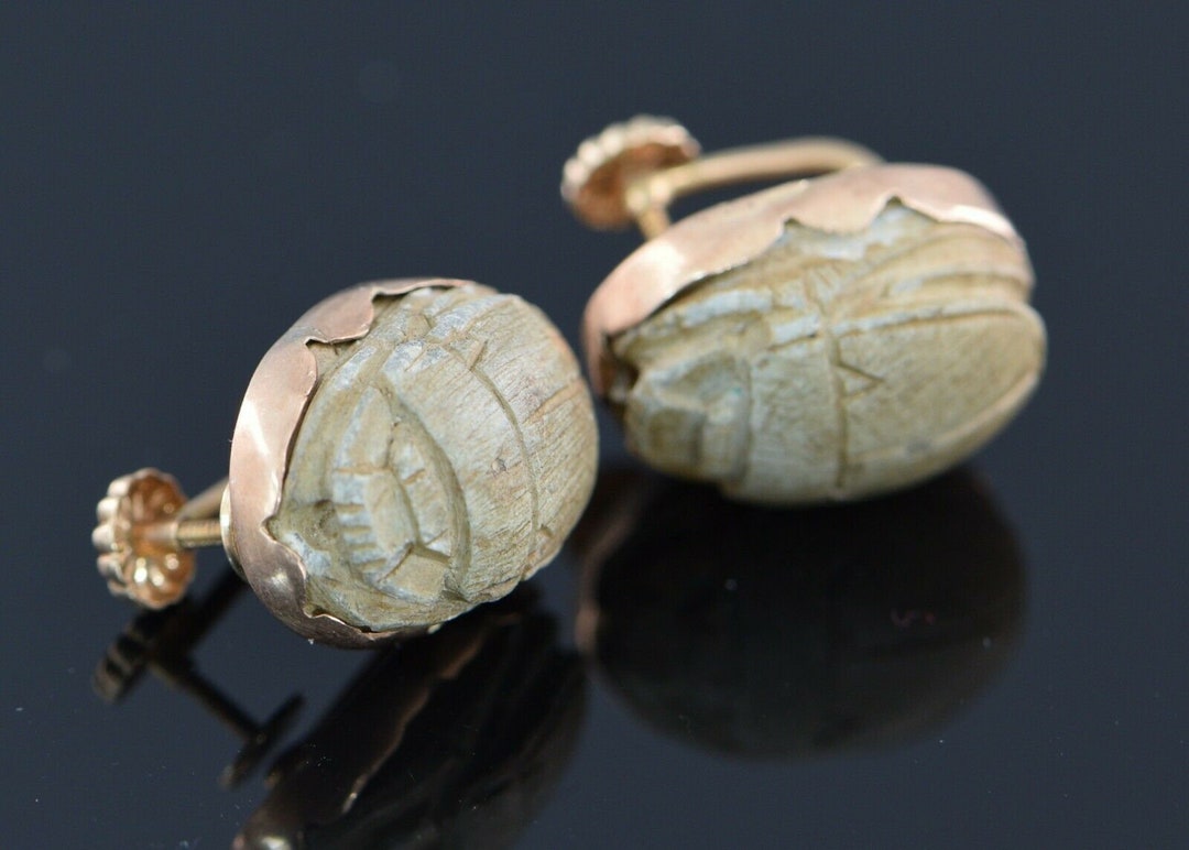 14K Yellow Gold Tested Ancient Egyptian Scarab Screw Back Earrings ...