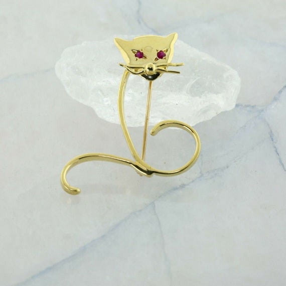 Interesting 14K Yellow Gold Cat Pin with Ruby Eyes Ci… - Gem