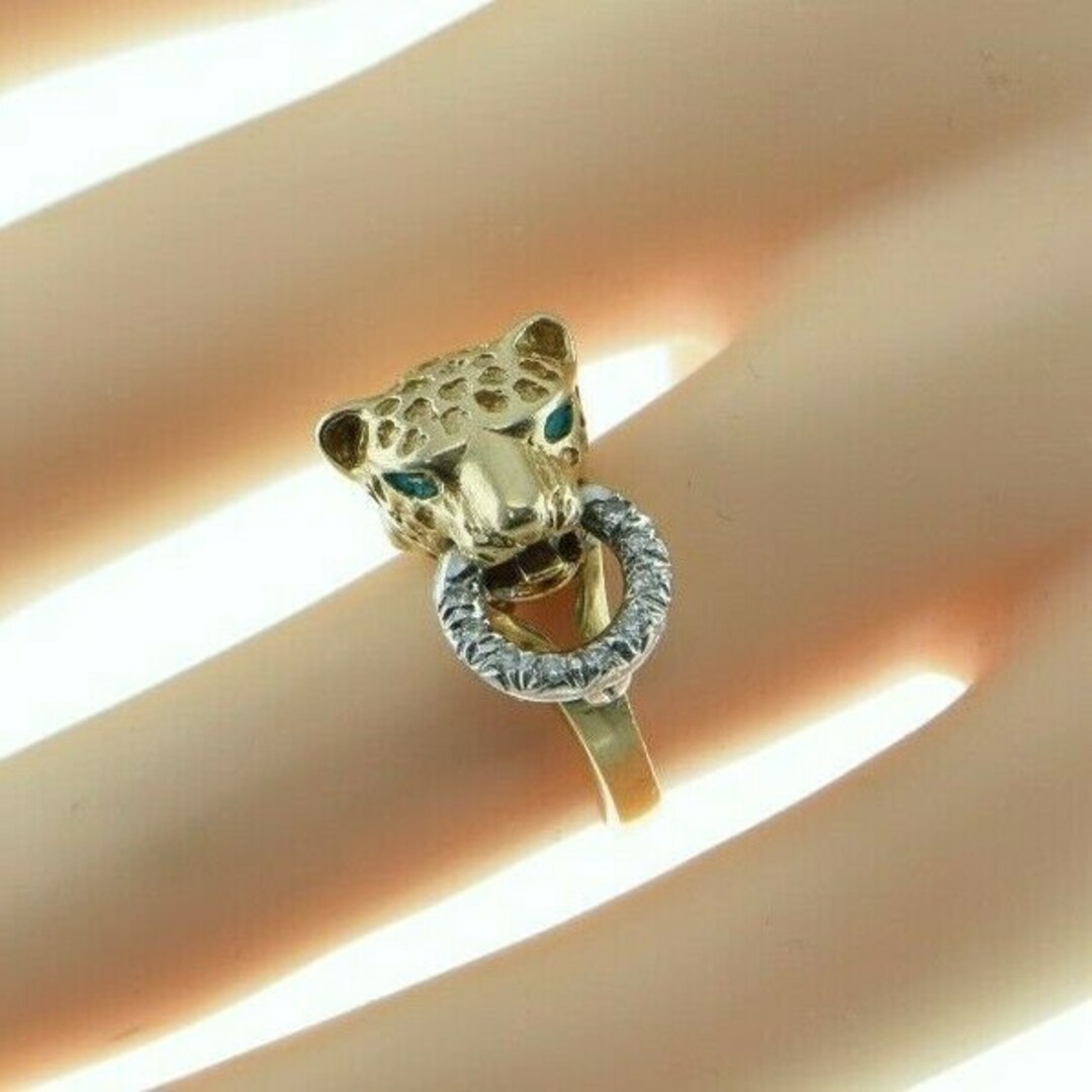 14K Yellow & White Gold Diamond and Emerald Leopard Ring Size 5 Circa ...