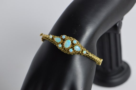14k Yellow Gold cast filigree opal bangle bracelet, C… - Gem