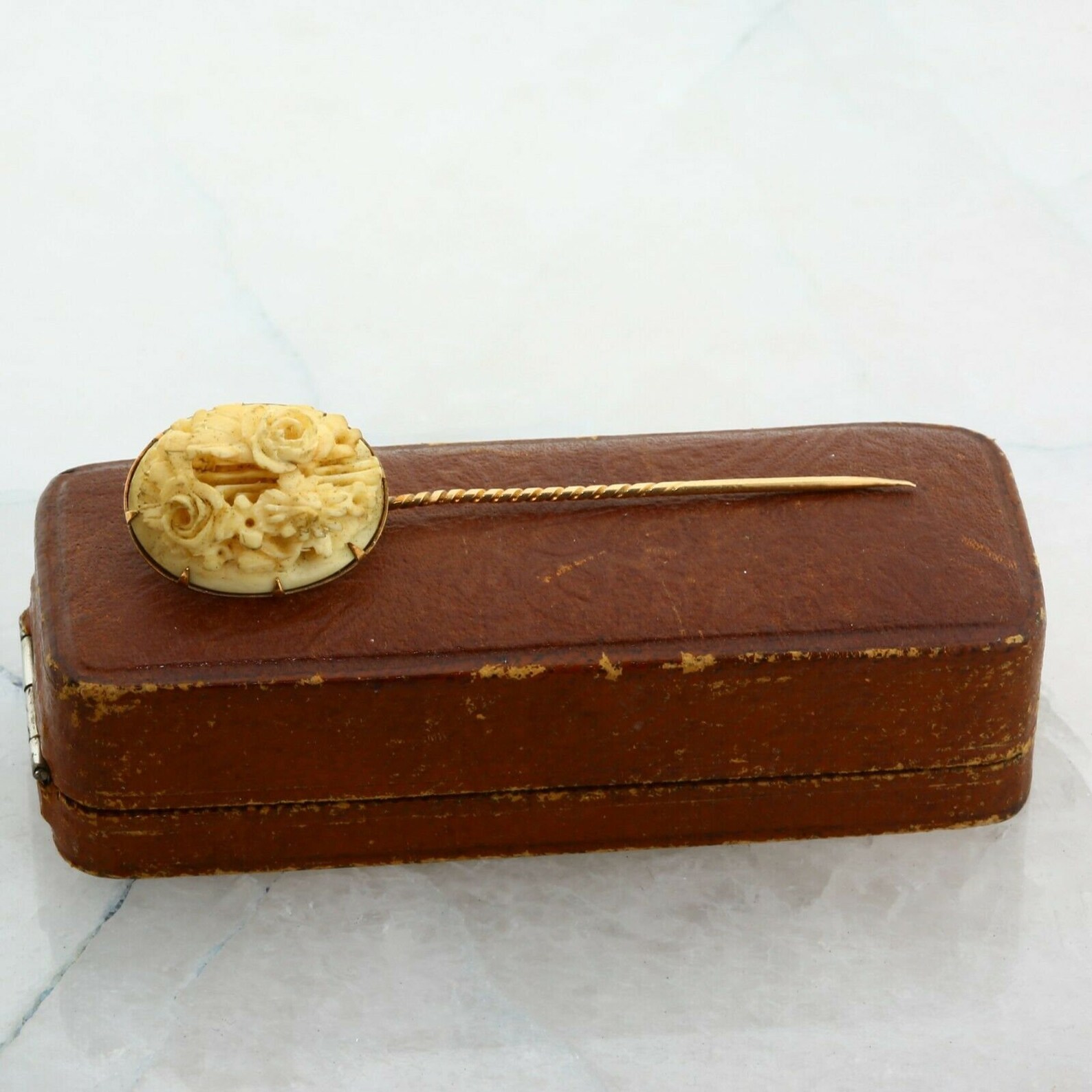 Victorian 14K Rose Gold Carved Stick Pin With Original Leather Box ...