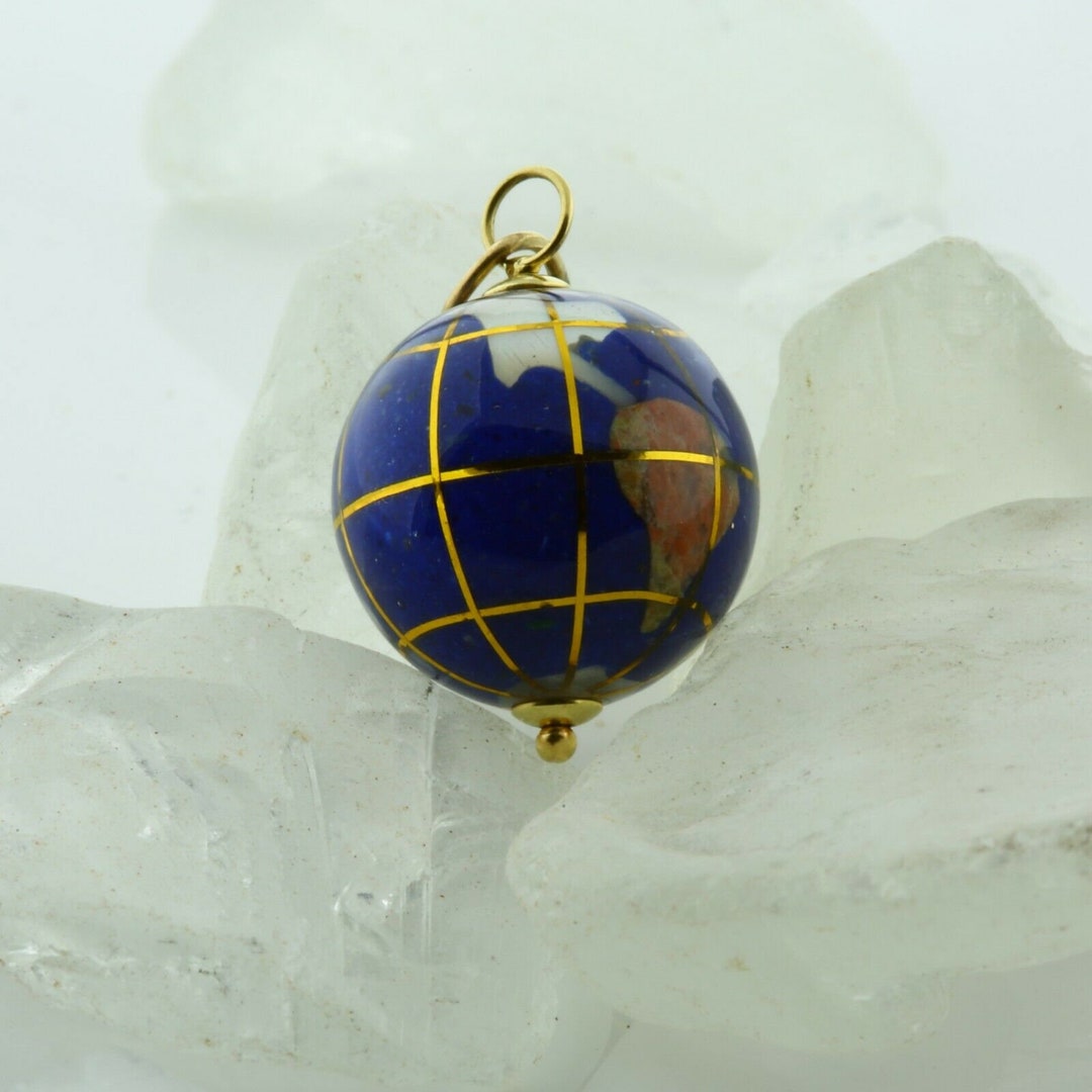 14K Yellow Gold Inlaid Stone Globe Pendant Circa 1990 - Etsy