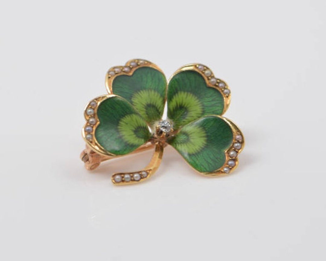 Vintage 10K Yellow Gold Enameled Shamrock Pin With Diamond and Seed ...