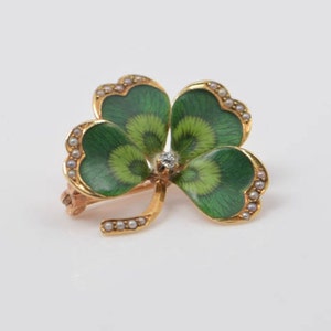 Vintage 10K Yellow Gold Enameled Shamrock Pin With Diamond and Seed ...