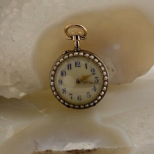 Superb Antique 18K Ladies Enameled Pearl and Diamond Watch Pin Set ...