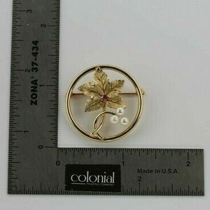 Vintage 14K Yellow Gold Ruby and Pearl Maple Leaf Pin Circa 1960 - Etsy