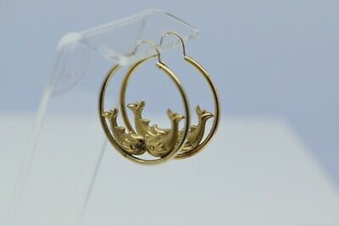 14K Yellow Gold Double Fish Hoop Earrings Circa 1980 - Etsy