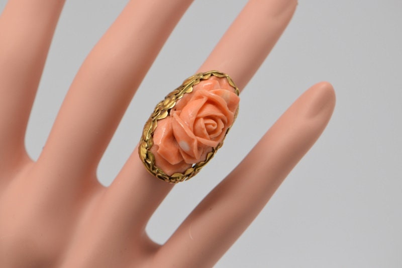 14K Yellow Gold Carved Coral Rose Handcrafted Ring, Size 3 - Etsy