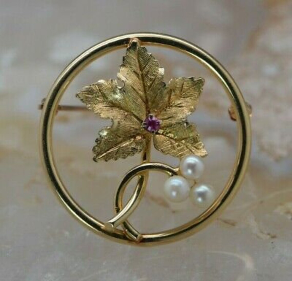 Vintage 14K Yellow Gold Ruby and Pearl Maple Leaf Pin Circa | Etsy