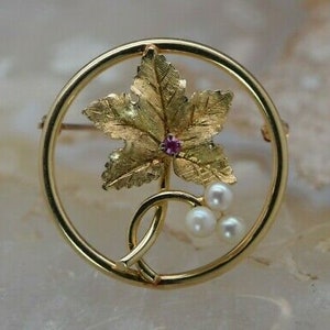 Vintage 14K Yellow Gold Ruby and Pearl Maple Leaf Pin Circa 1960 - Etsy