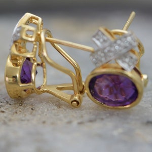 14K Yellow White Gold Amethyst Diamond Omega Clip Studs - Etsy