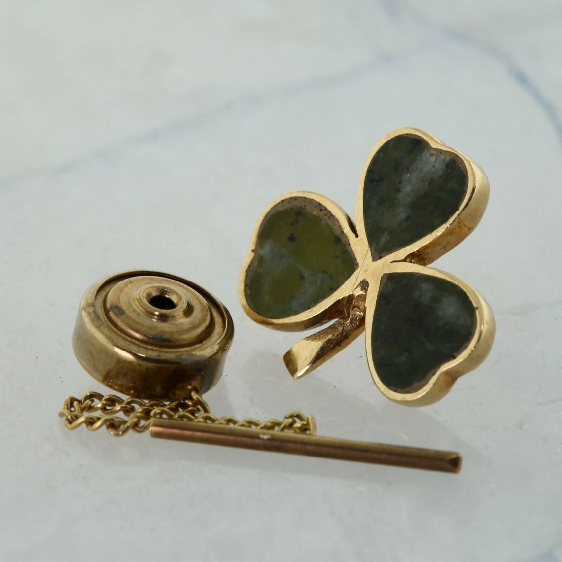 9K Yellow Gold Shamrock Tie Tack Connemara Marble Inlaid Circa | Etsy