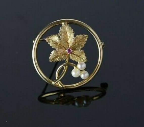 Vintage 14K Yellow Gold Ruby and Pearl Maple Leaf Pin Circa | Etsy