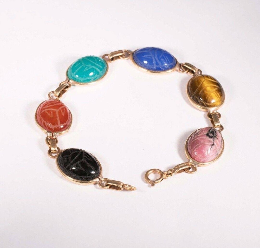 14K Yellow Gold Scarab Bracelet, Consists of Genuine Carved Gemstones ...