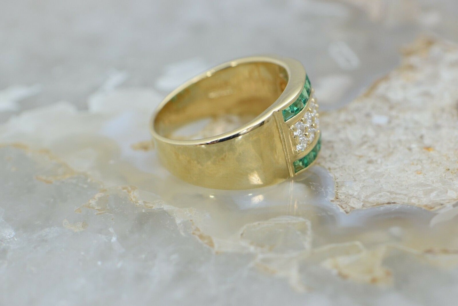 14K YG Unisex Sharp Looking Emerald and Diamond Ring Circa | Etsy