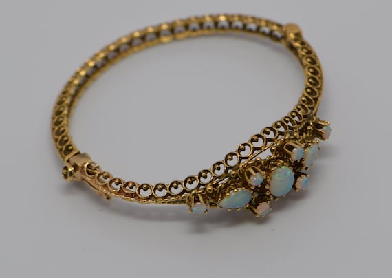 14k Yellow Gold cast filigree opal bangle bracelet, C… - Gem