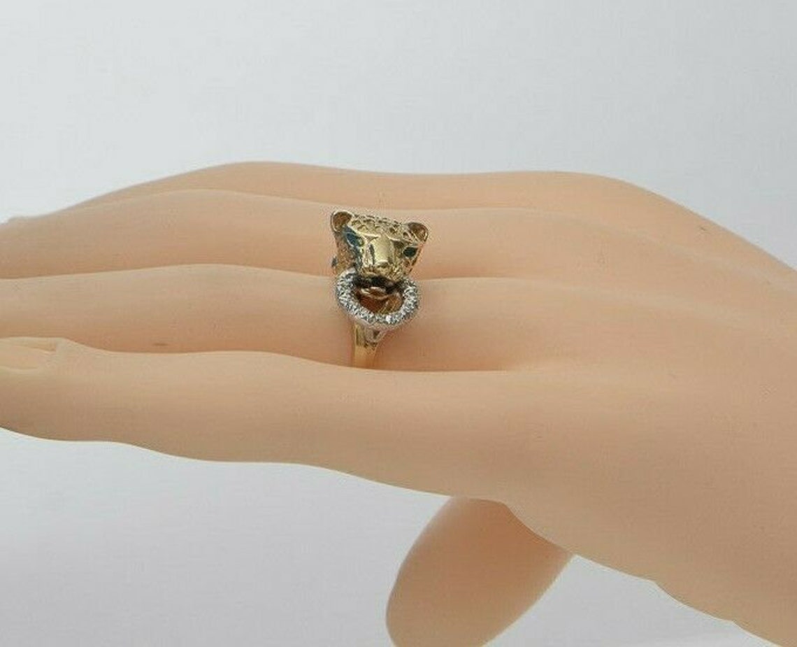 14K Yellow & White Gold Diamond and Emerald Leopard Ring Size | Etsy